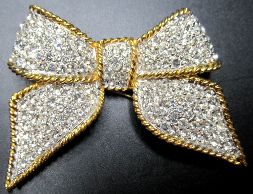 KJL KENNETH J LANE Sparkling Ice Rhinestone Golden Bow Vintage Pin ...