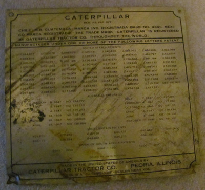 VINTAGE 1950 CATERPILLAR CAT TRACTOR PATENT PLATE SIGN GENUINE ORIGINAL ...