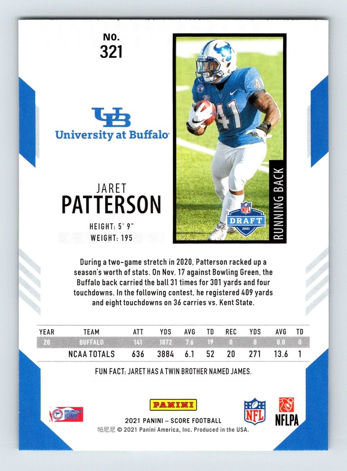 2021 Score Jaret Patterson #321 Football Rookie Buffalo Bulls RC | eBay