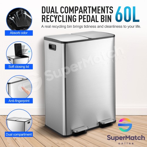 60L Stainless Steel Rubbish Bin Dustbin Dual Pedal Compartment Waste ...