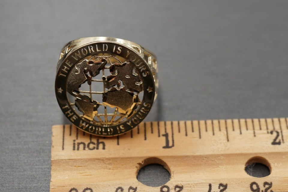 10K Solid Yellow Gold Diamond Cut World Is Yours Globe Ring. Size 11.5 ...