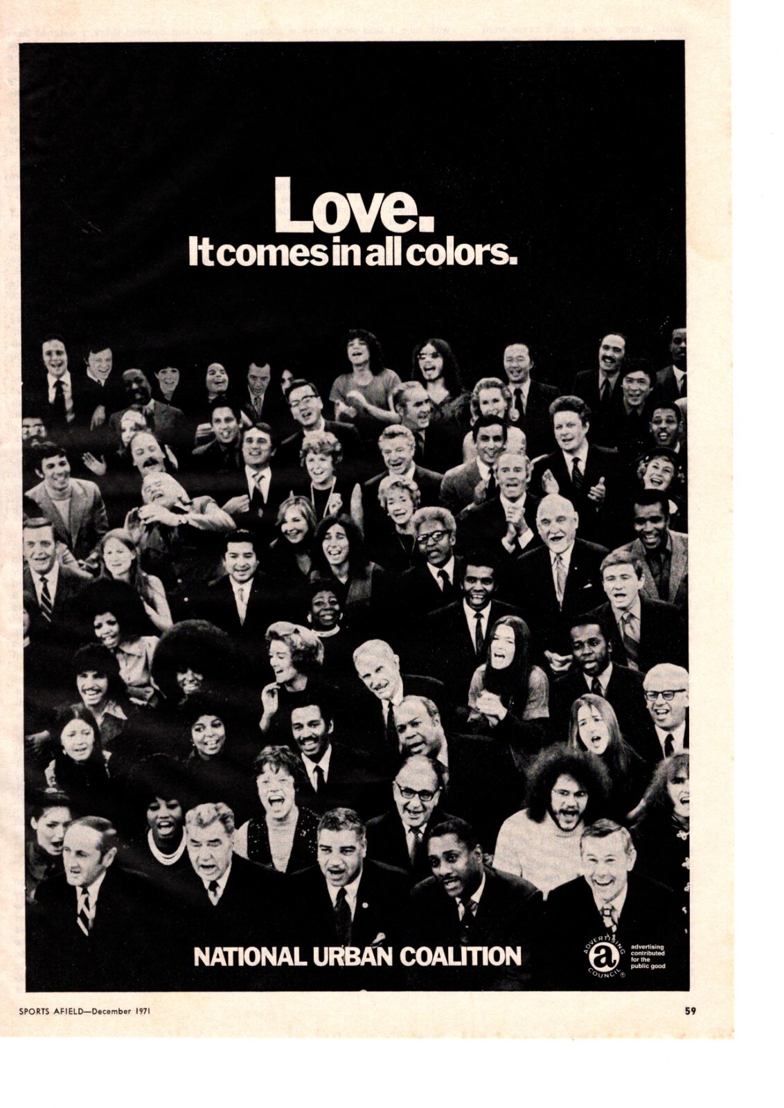 1971 NATIONAL URBAN COALITION PRINT AD, "LOVE. IT COMES IN ALL COLORS ...