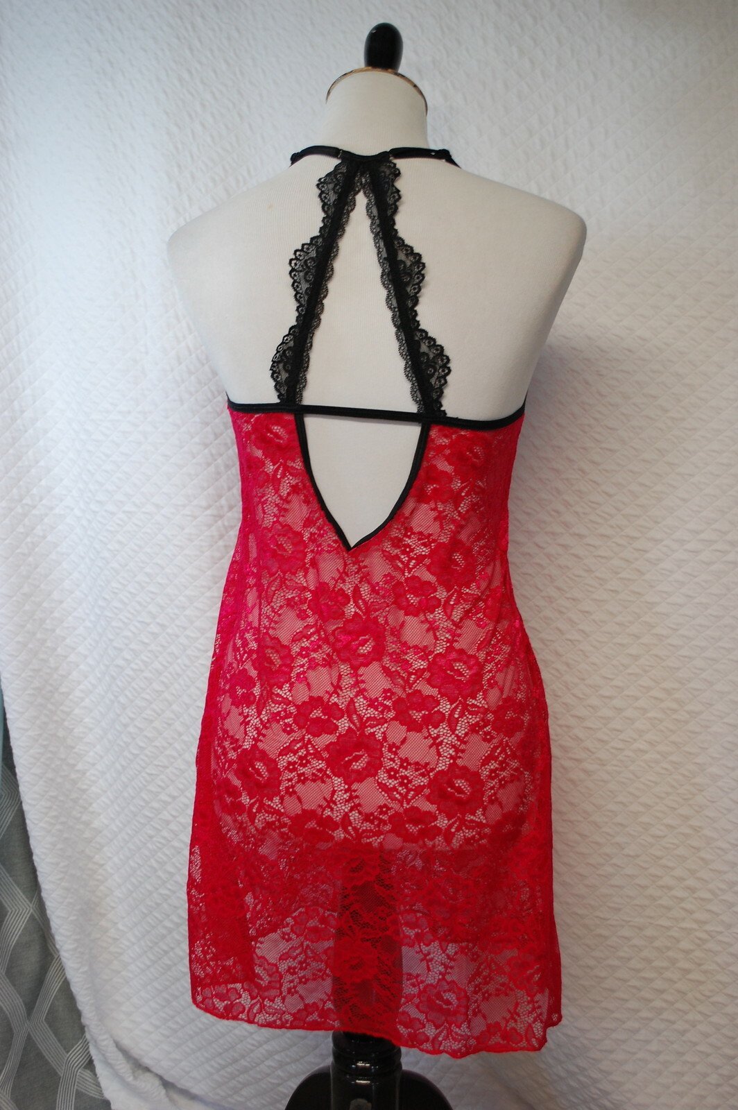 Womens RED LACE NIGHTGOWN See Thru BLACK TRIM Adj Straps SEXY Chemise S ...