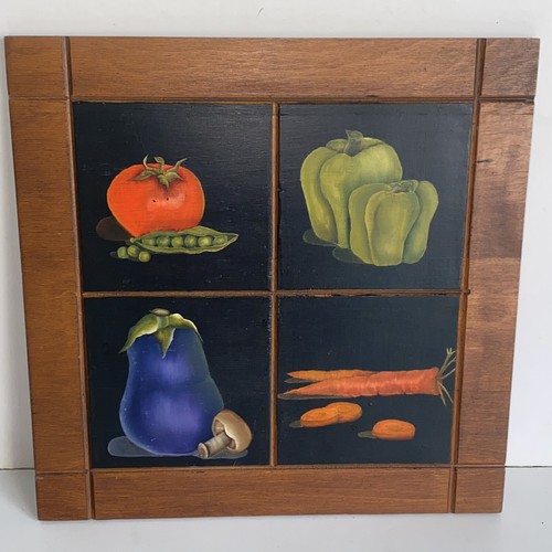 Vintage Hand Painted Vegetables On Wood Kitchen Wall Art Hanging Plaque
