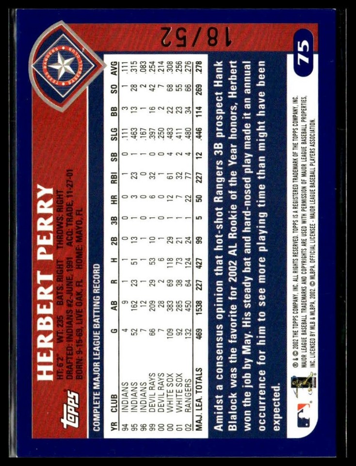 2003 Topps 75 Herbert Perry Texas Rangers Black Parallel (1st Year) 18/ ...