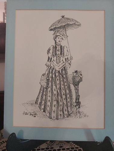 Pen &Ink Drawing of Colonial Woman with Parasol Beside Mailbox Signed ...