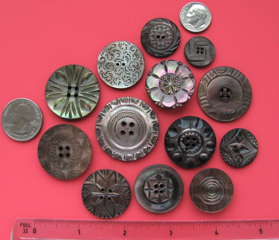 Striking Vintage Antique Carved Smoky Shell Buttons Lot of 13 Different ...