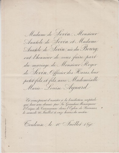 1890 Faire-part mariage Roger de SEVIN Marie-Louise AYNARD Brousses-et ...