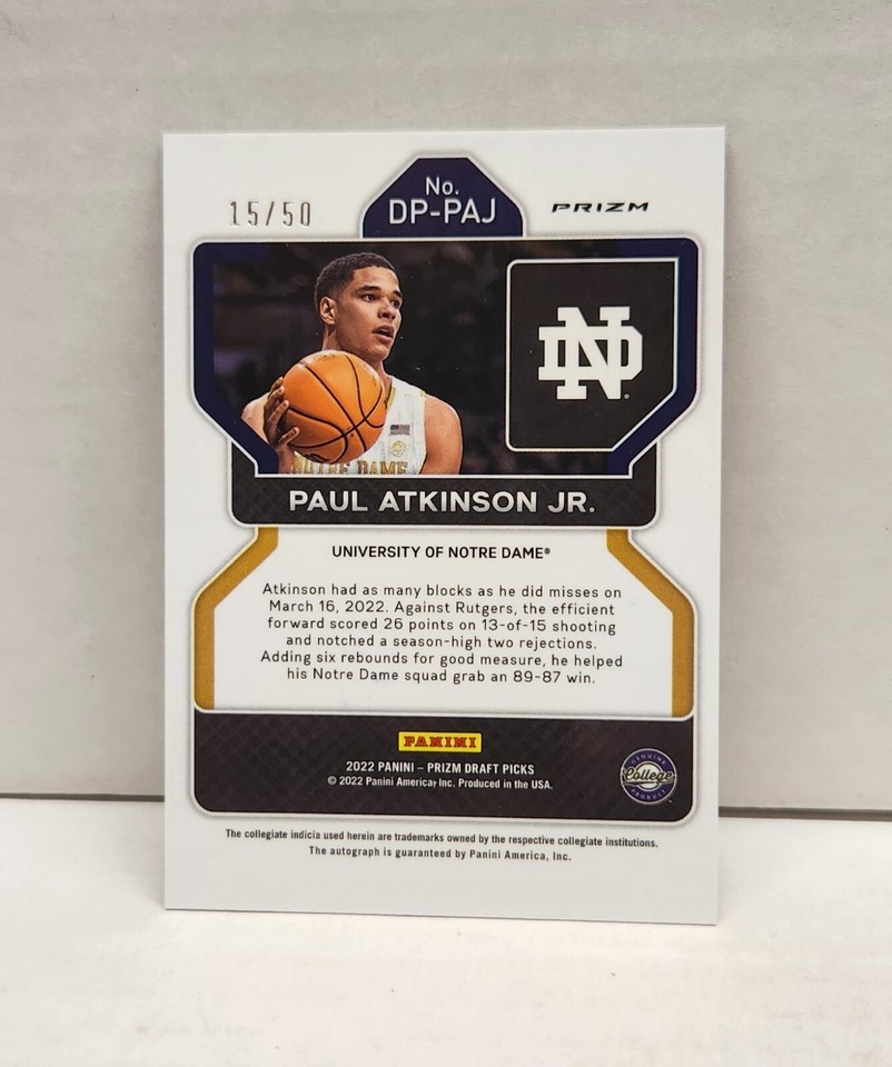 PAUL ATKINSON 2022 Prizm Draft PURPLE CIRCLES ~ Notre Dame AUTO #'d /50 ...