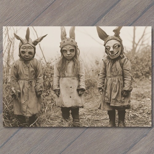 POSTCARD Weird Creepy Vibe Kids Girls Masks Hoods Halloween Unusual ...