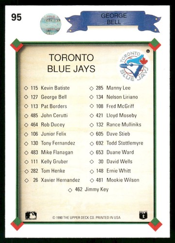 George Bell 1990 Upper Deck Toronto Blue Jays #95 Near Mint or Better ...