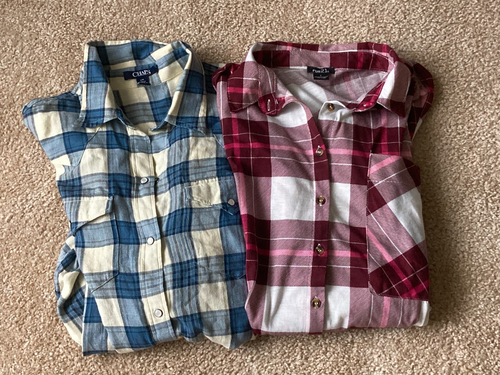 Womens (L)- Blue/Pink Plaid Flannel Long Sleeve Tops- Rue 21/Chaps | eBay