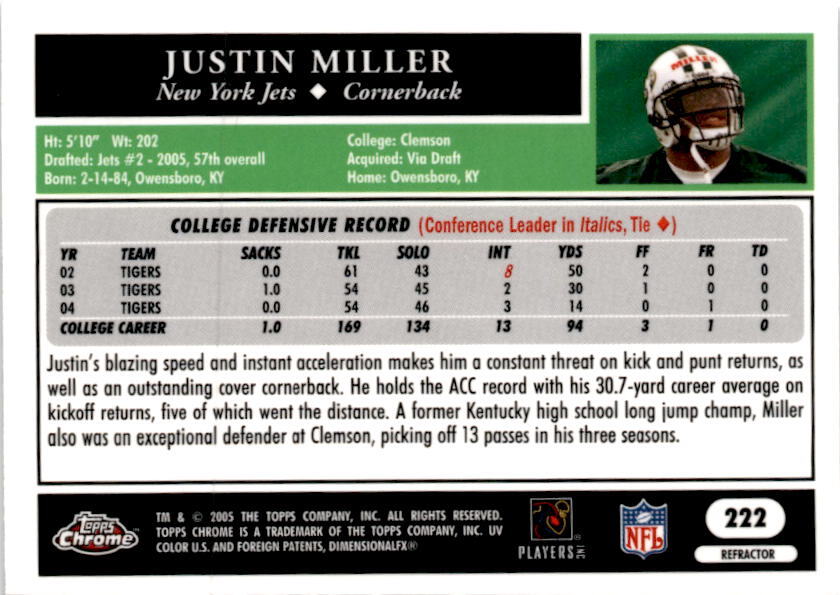 2005 Topps Chrome #222 Justin Miller Jets Refractors | eBay