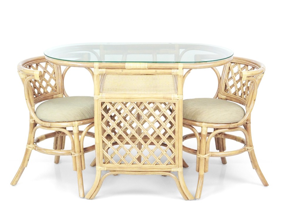 Borneo Handmade Rattan Dining Set: Oval Table with Glass + 2 Chairs, Natural | eBay
