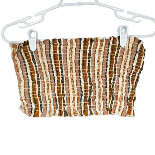 Lulus Neutral Striped Smocked Lettuce Hem Cropped Tube Top Womens Size ...