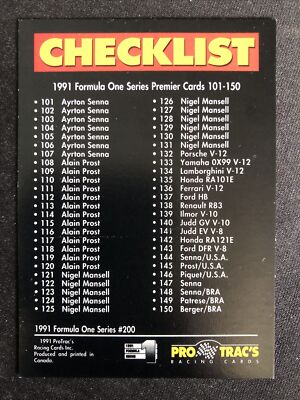 🏎️ 1991 Pro Trac,s Formula 1 Card # 200 Checklist | eBay Australia