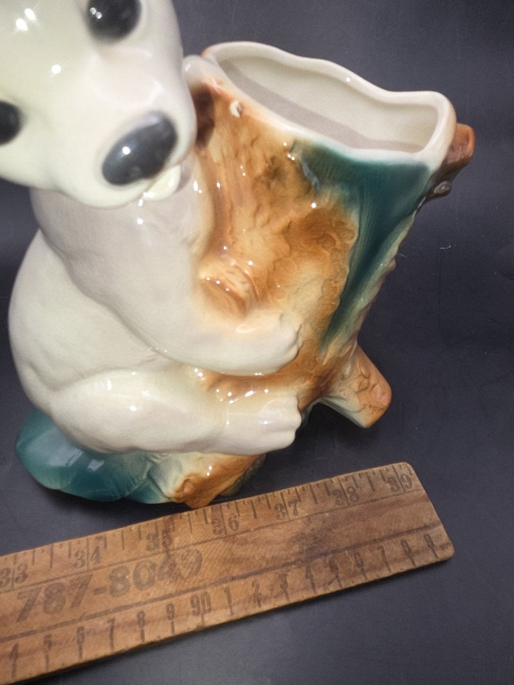 Vintage Royal Copley White Bear Cub on Tree Stump 8 1/2” Planter Vase ...