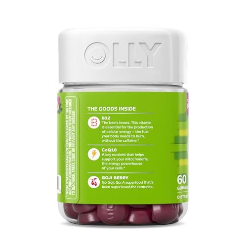OLLY Daily Energy Gummies 60 Count Caffeine Free B12 CoQ10 Goji Berry ...