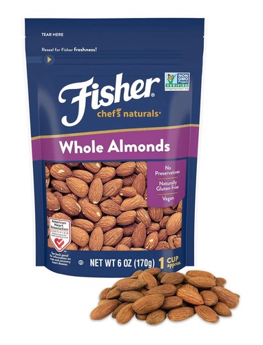 Fisher Chef’s Naturals Whole Almonds, 6 oz Resealable Bag, Unsalted Raw ...