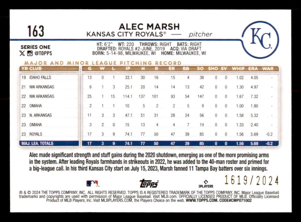 2024 Topps Gold #163 Alec Marsh Kansas City Royals RC 1619/2024 | eBay