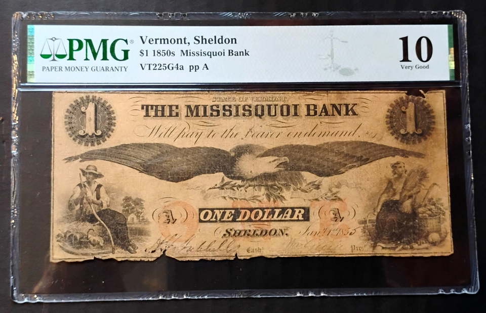 VT $1 SHELDON Vermont The Missisquoi Bank Jan 1855 PMG VG10 VT-225 G4a ...