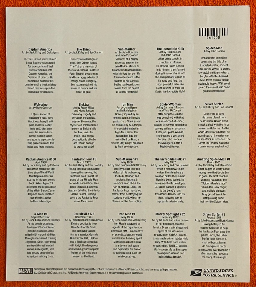 Marvel Comics Super Heroes USPS Stamps full sheet Chapter Two 2006 MINT ...