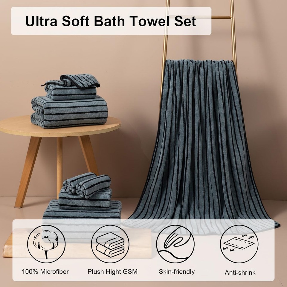 4 Piece Grayish Blue Cabana Stripe Large Bath Towels Oversized Bath ...