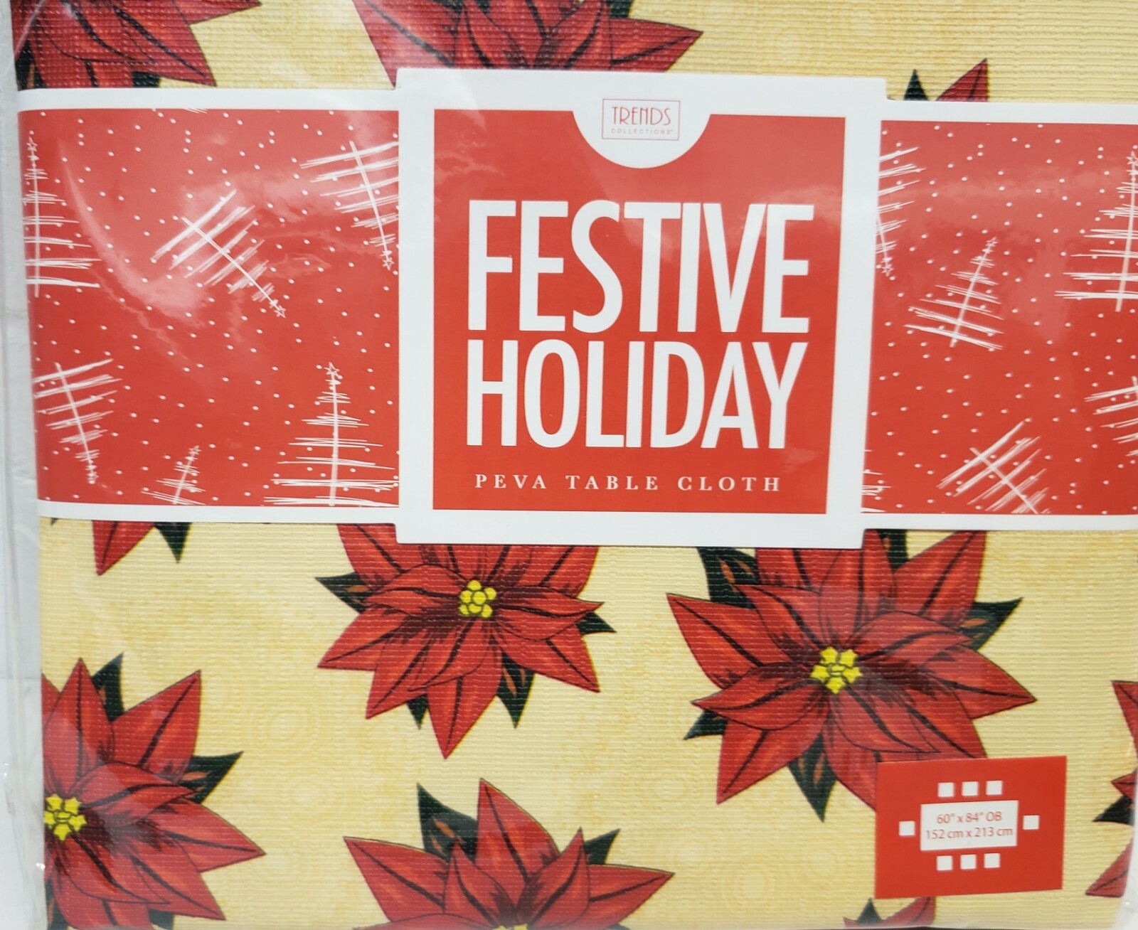 Peva Flannel Back Tablecloth, 60"x84" Oblong (6-8 ppl) POINSETTIA ...
