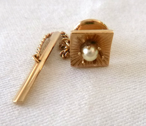 Swank 10K Solid Yellow Gold Tie Tack Pin Cultured Pearl 1.7gr (front ...