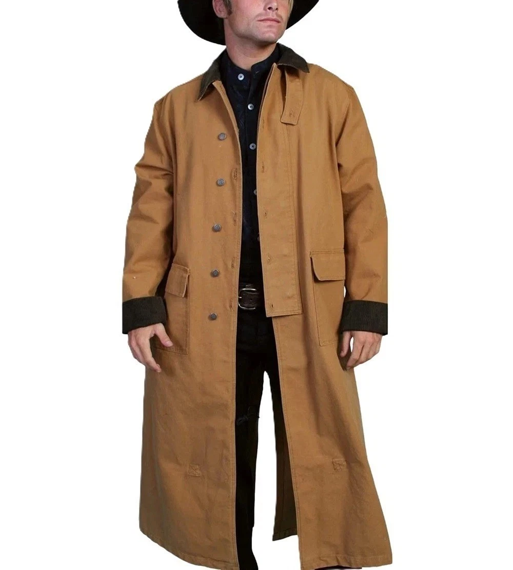 Men’s Western Duster Coat Classic Cowboy Biker Style Full-Length Trench ...