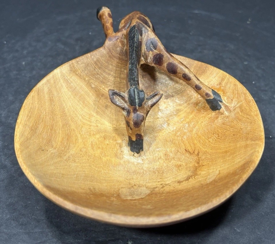 Giraffe Hand Carved Wood Bowl Giraffe Drinking Trinket Dish Art Piece ...