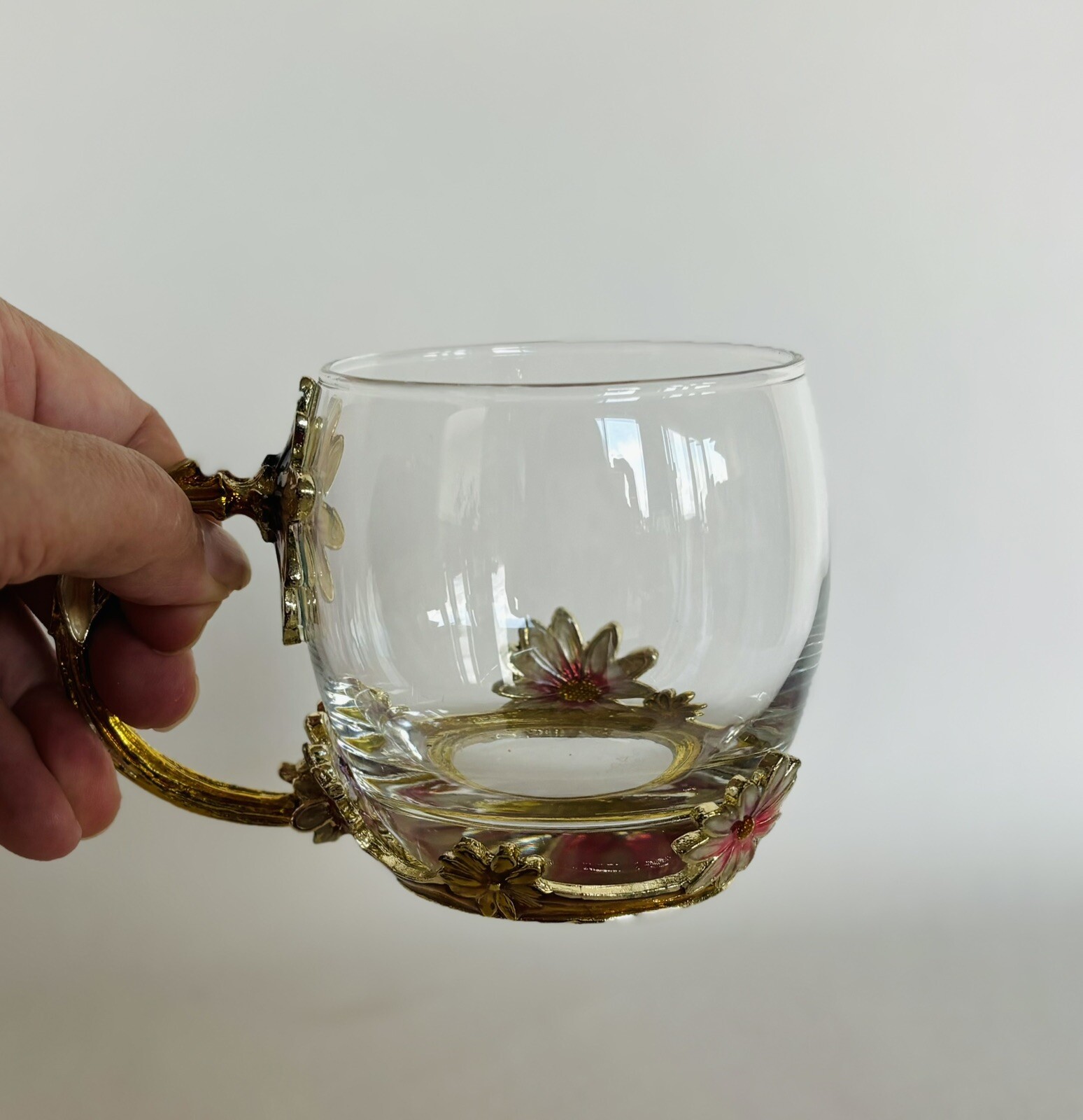ARC of France Clear Glass Tea Coffee Cup Mug 32C1 Gold Tone Floral ...
