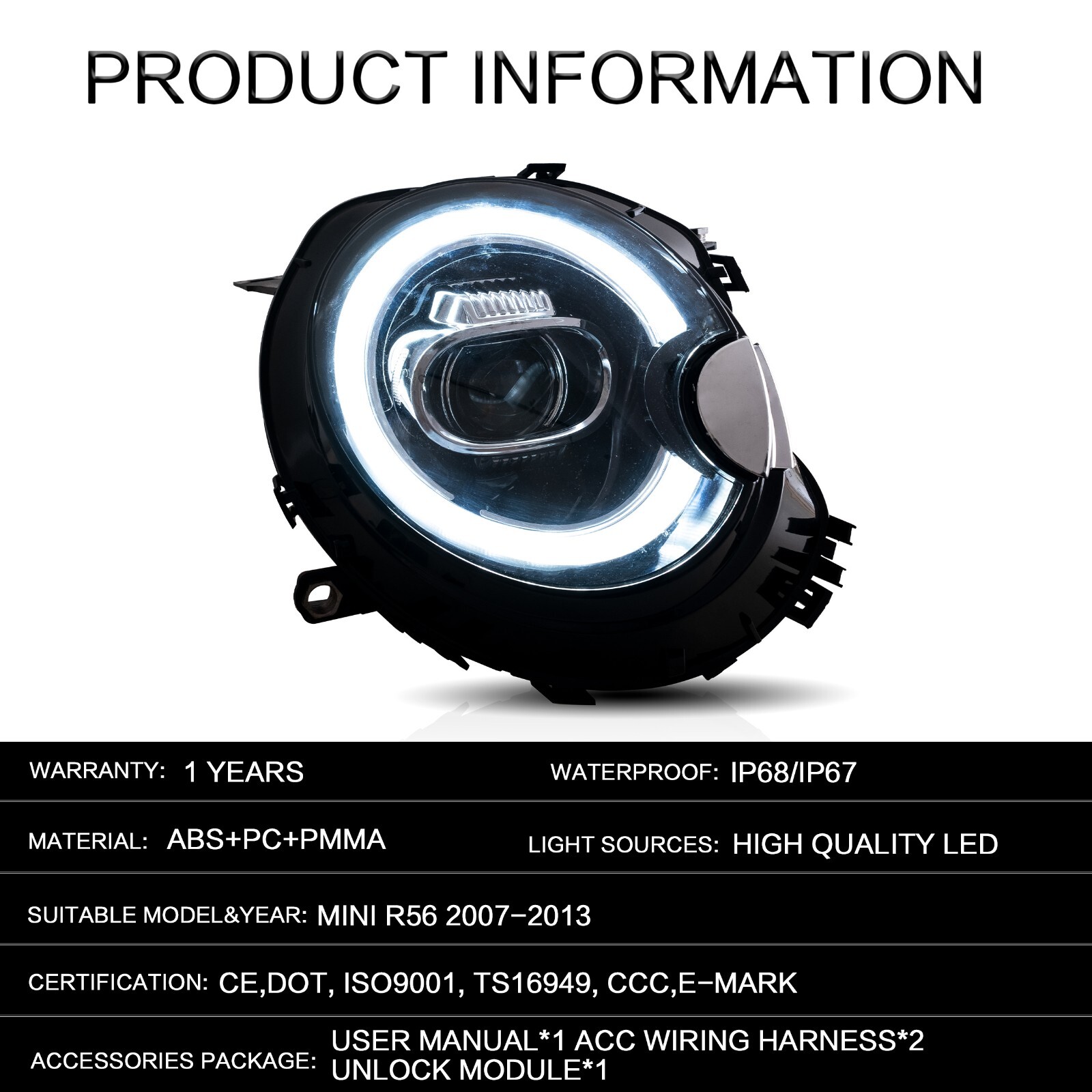 2*VLAND LED Headlights DRL For BMW mini Cooper 2007-2013 R55 R56 R57 ...