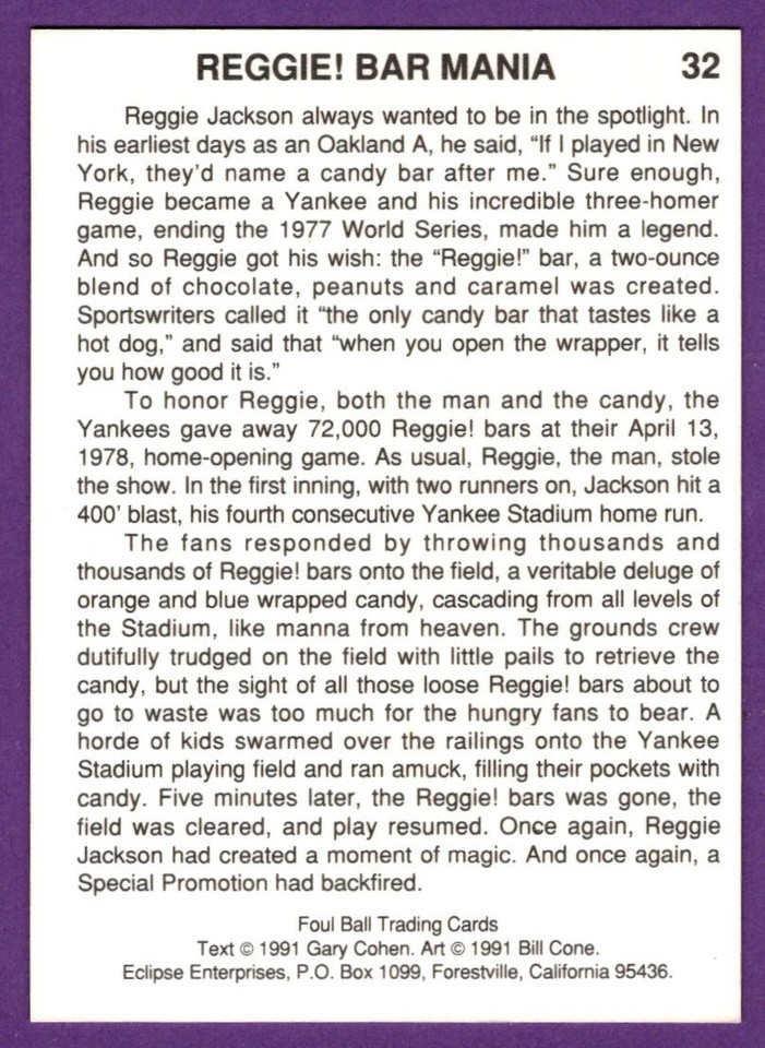 Reggie Jackson N.Y. Yankees 1991 Foul Ball Trading Cards: Reggie! Bar ...