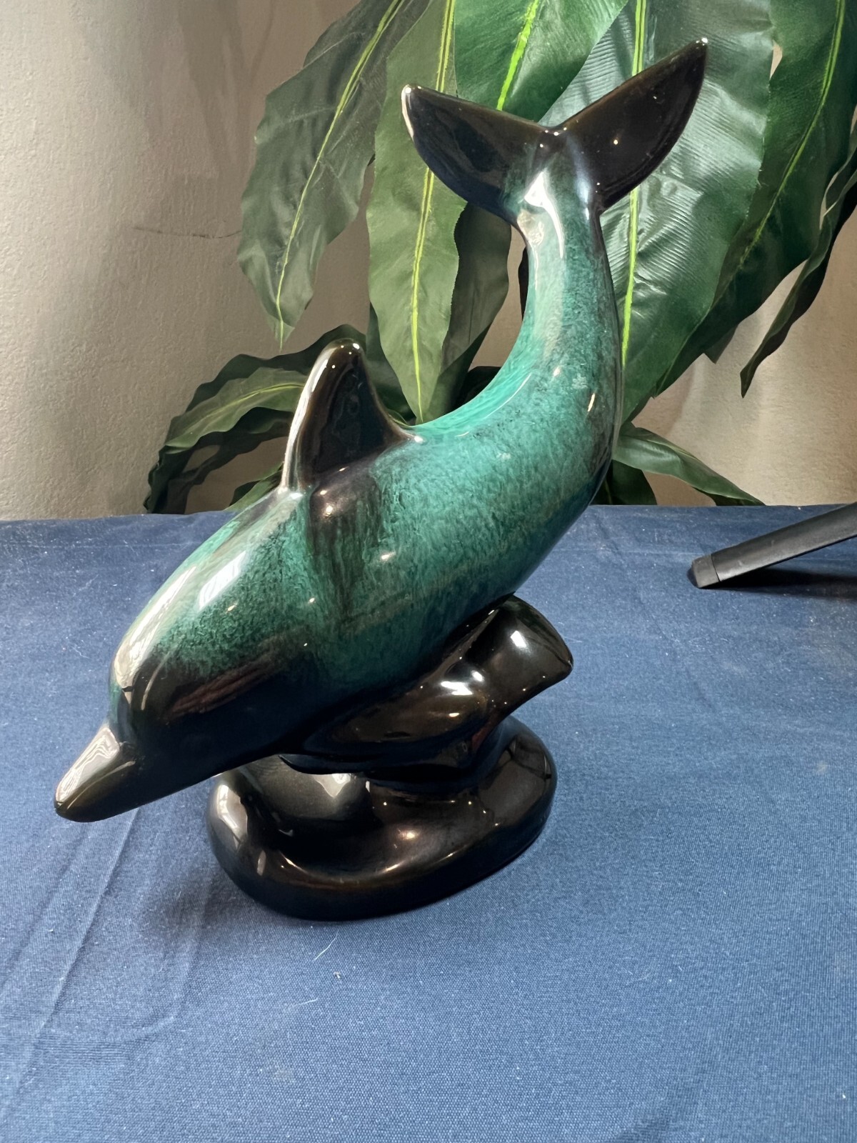 BLUE MOUNTAIN Pottery DOLPHIN 7.5" Green Black Glaze Figurine Art Clay ...