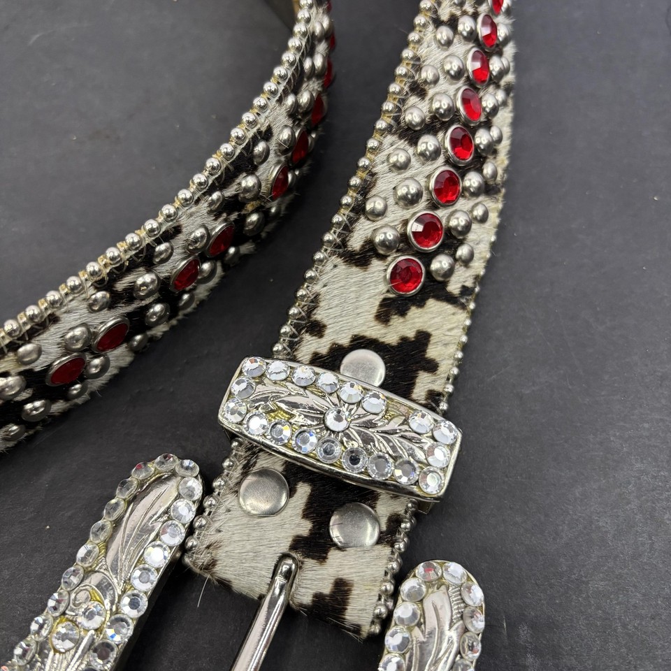 BB Simon Belt Womens Sz.Large Black White Red Cowhide Crystal Western ...