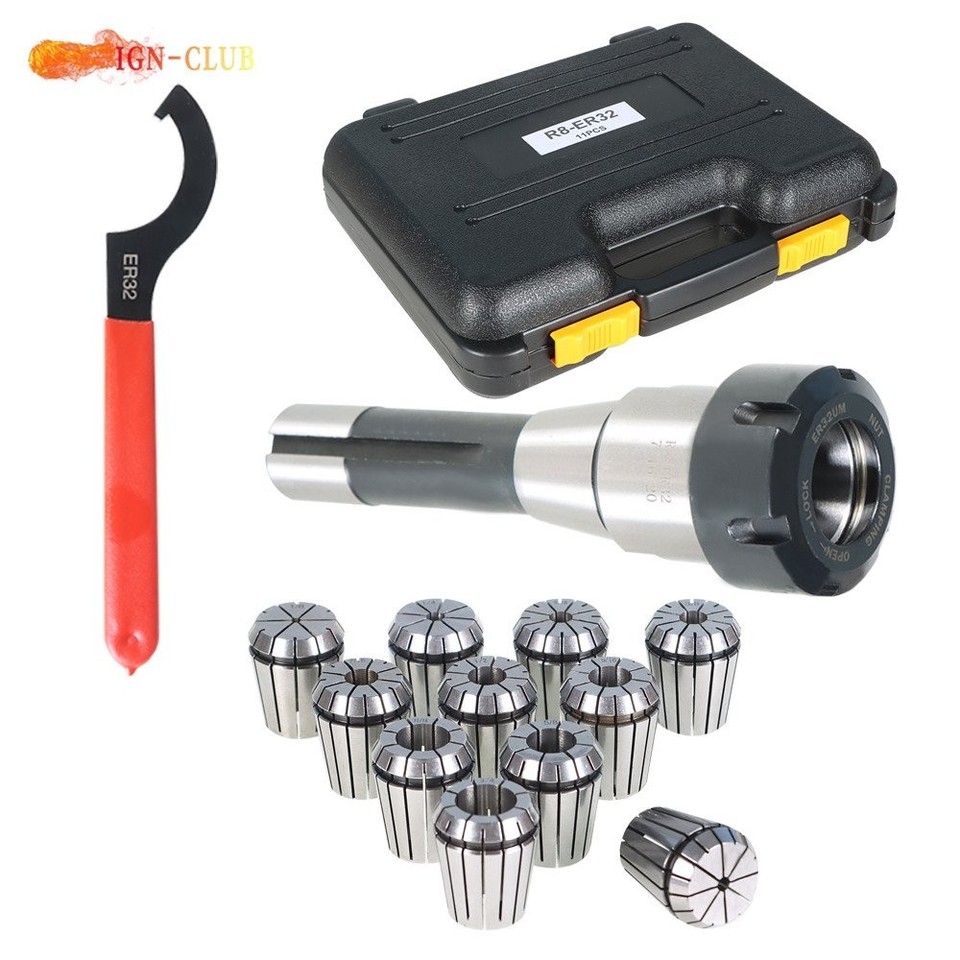 11PC ER32 Collet Set With R8 Shank ER32 Chuck & Spanner For Milling ...