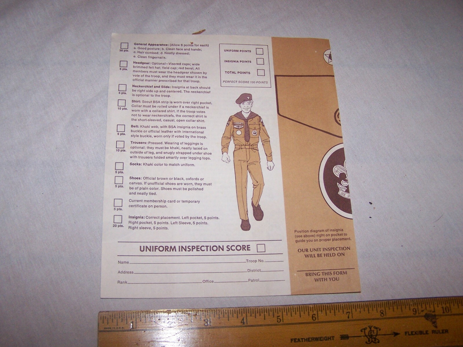 Vintage BOY SCOUTS OF AMERICA Uniform Inspection Form w Patch Placement ...