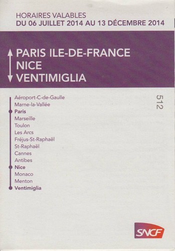 ORIGINAL SNCF POCKET TIMETABLE -PARIS TO VENTIMIGLIA 2014 | eBay