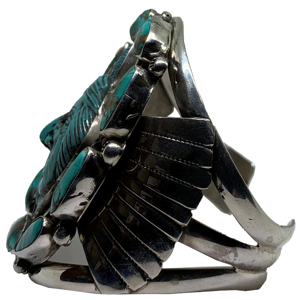 Carved Turquoise Native American Brave + Stones 925 Silver Cuff ...