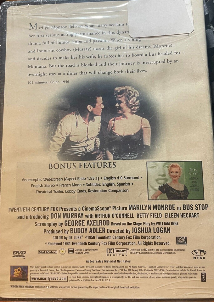 Bus Stop Marilyn Monroe and Don Murray 1956 [DVD] New Sealed ...