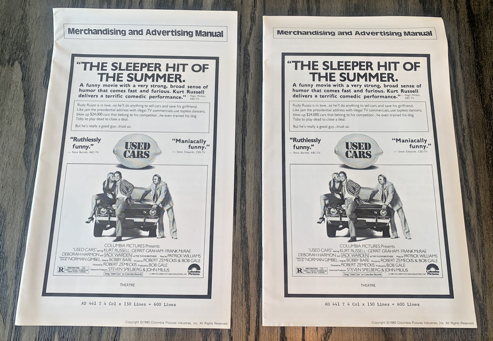 1980 USED CARS Movie Poster 27x41 800089 Kurt Russell SPIELBERG ...