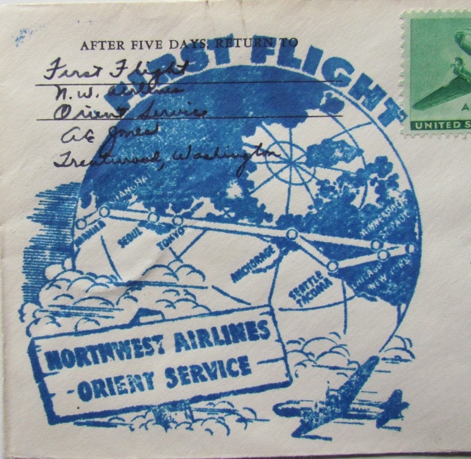 US, 1947, NORTHWEST AIR LINES FIRST FLIGHT, ST. PAUL TO SHNAGHAI, CHINA ...