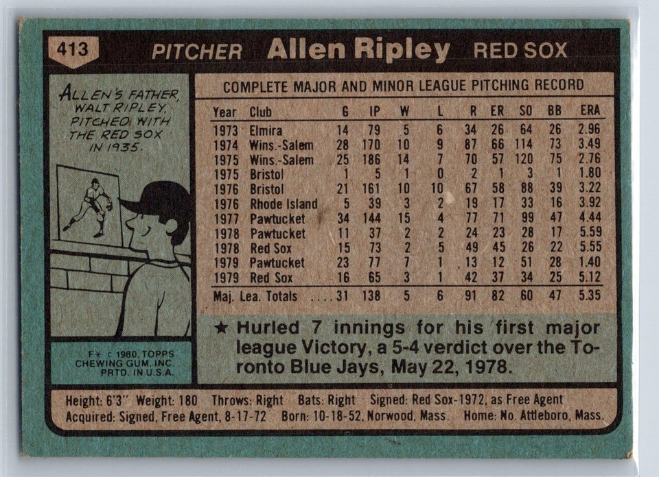 1980 Topps #413 Allen Ripley Boston Red Sox | eBay