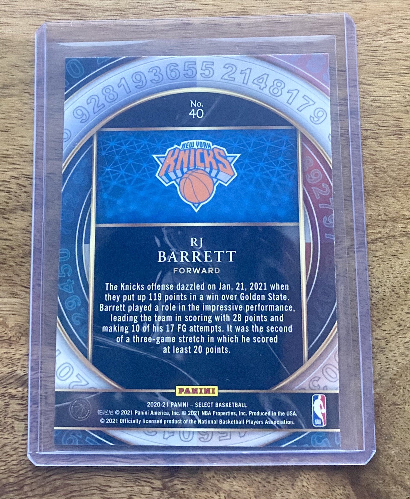 2020-21 Panini Select Numbers Rj Barrett Card # 40 New York Knicks | eBay