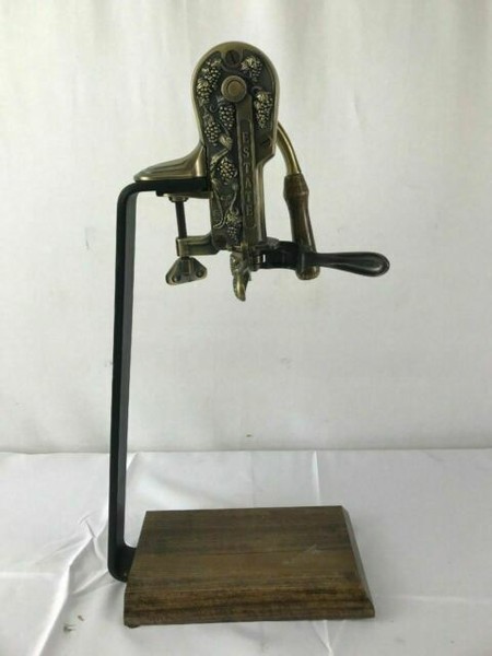 Estate Table Top Wine Bottle Opener W/ Wood Stand Corkscrew Cork Pull ...