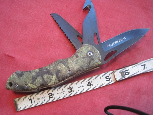 WINCHESTER CAMO 3 Blade Knife w/ Saw & Gut Hook for skinning processing ...