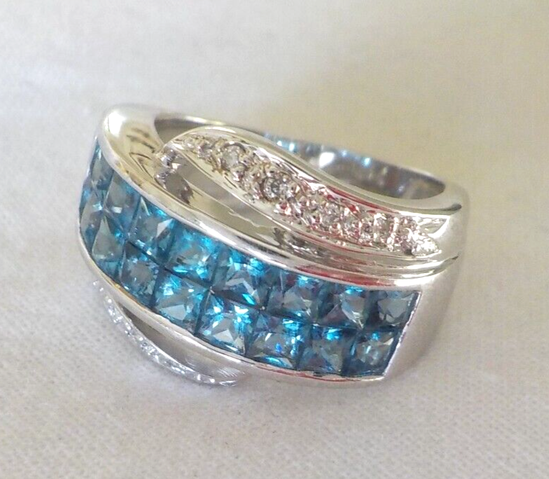John C Rinker 14k White Gold London Topaz Diamond Ring - 6.17 gms, Sz 5 ...