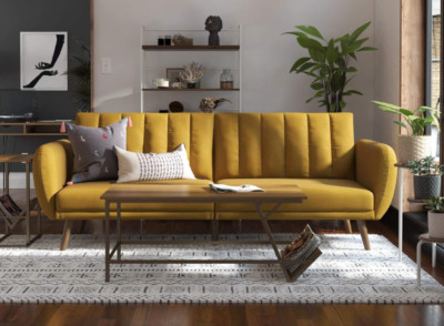 Convertible Sofa Bed Mustard Yellow Premium Linen Upholstered Couch ...