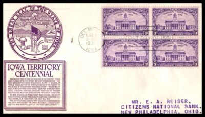 1938 IOWA centennial 100 years Sc 838-9 with C. Stephen Anderson cachet ...